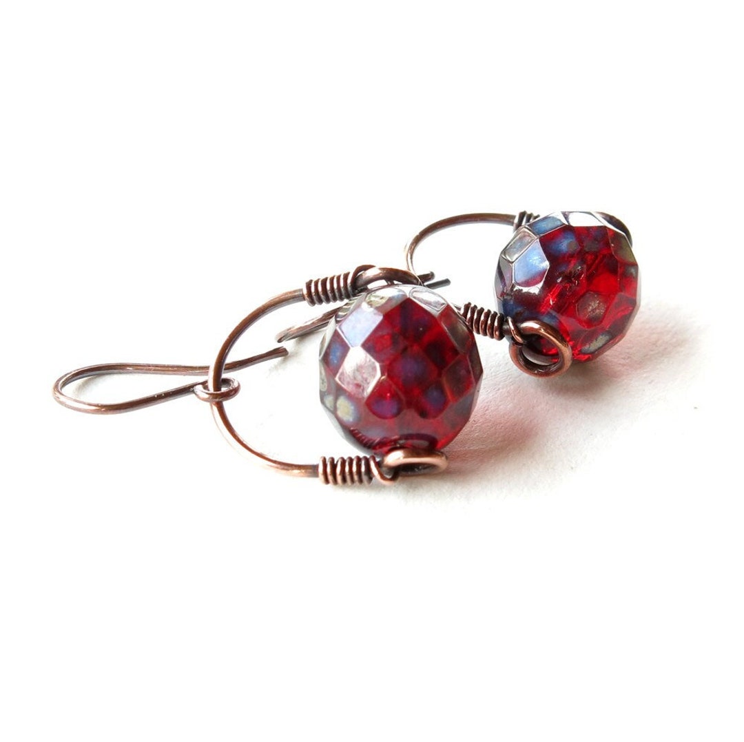 Red Glass Earrings / Christmas Jewelry / Copper Wire Wrapped Jewelry ...