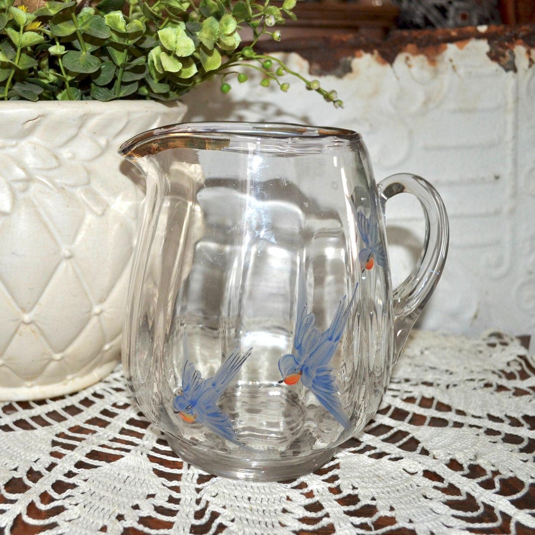 Hand Painted Blue Bird Pitcher With Gold Trim - Etsy