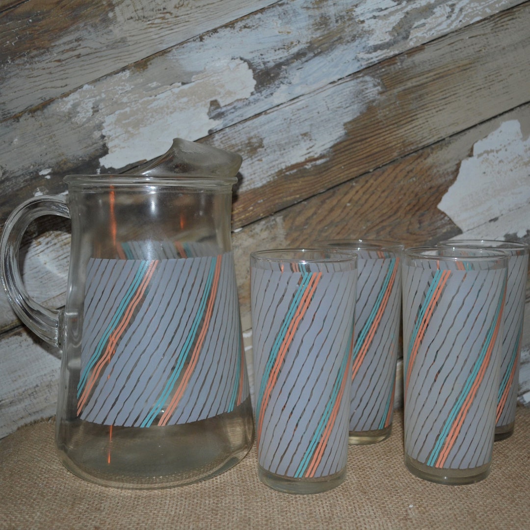 Stripe Pitcher and Glass Set of 5 Turquoise Pink Stripe Mid - Etsy