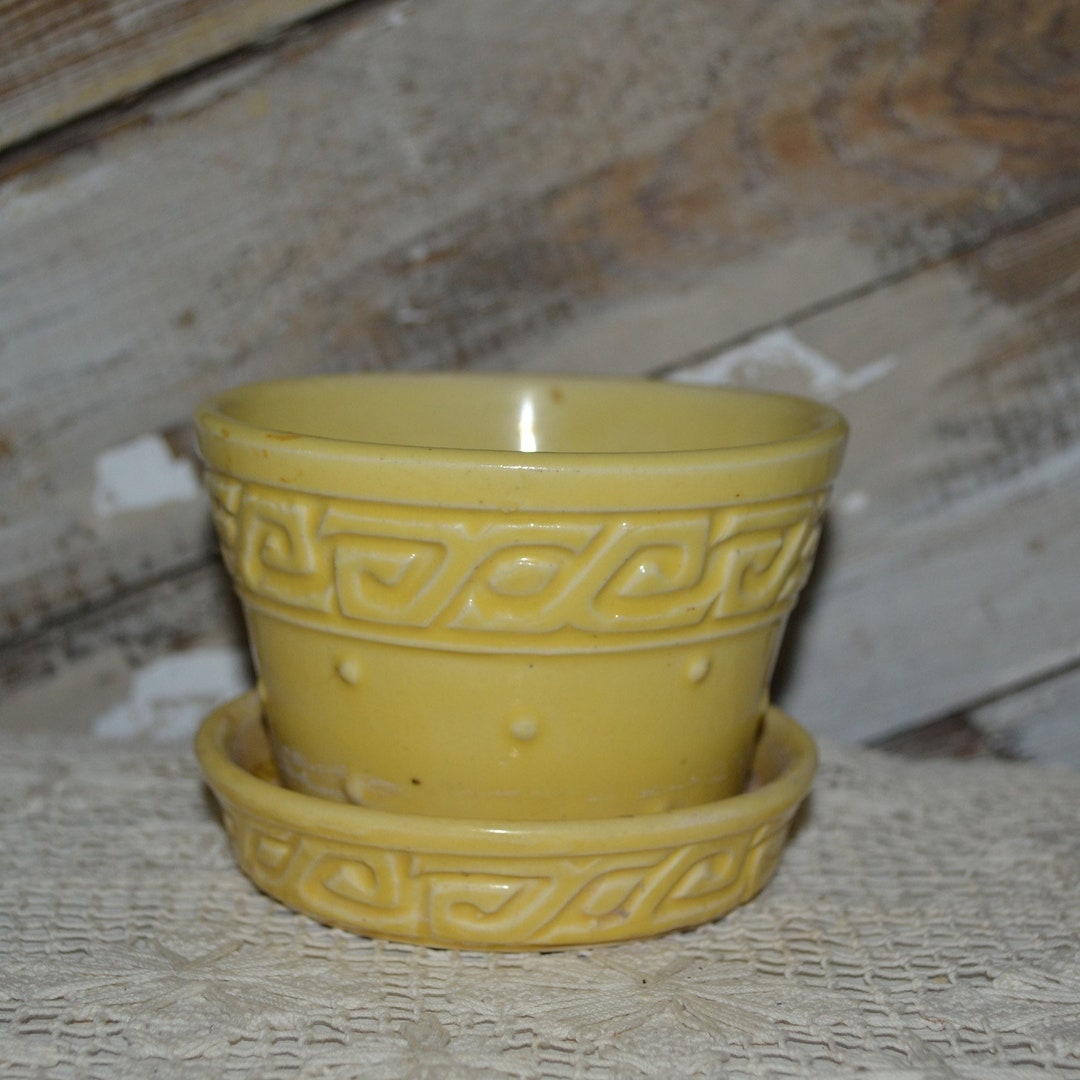 Mccoy Yellow Greek Key Planter Pottery Flower Pot - Etsy