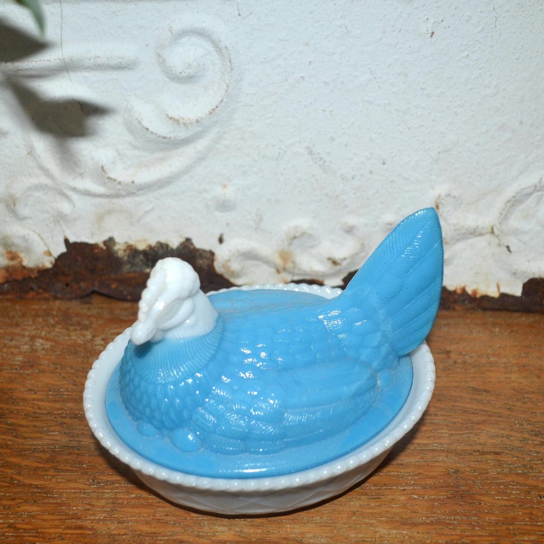 Blue Slag Glass Hen on a Nest Pressed Glass Vintage Chicken Candy Dish ...