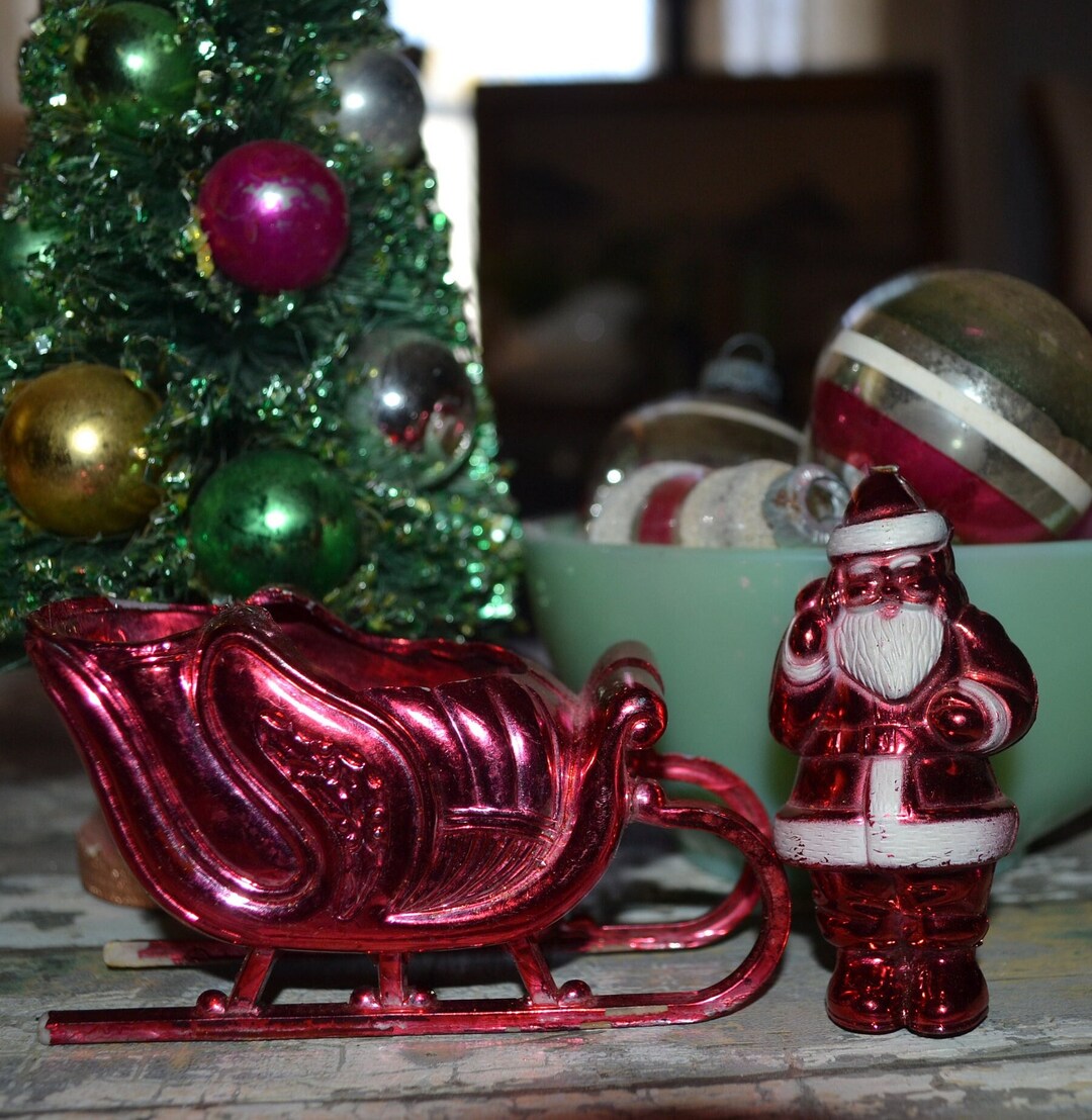 Santa & Sleigh Set Red Iridescent Santa Vintage Christmas Decor - Etsy
