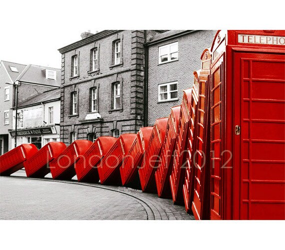 Items similar to Photograph of a Row of red Telephone boxes leaning ...