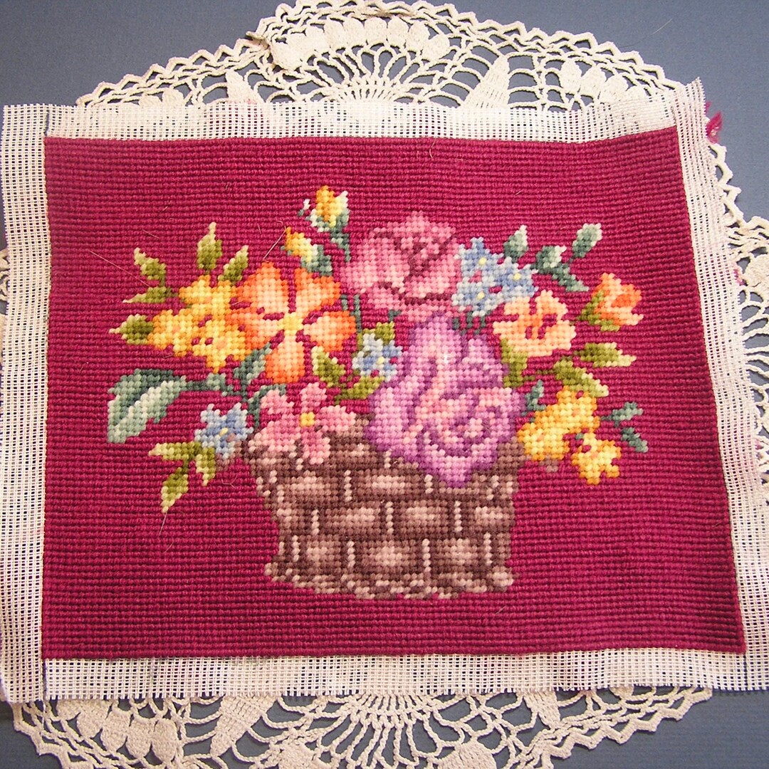 Vintage Floral Needlepoint . Flower Basket Needlepoint . About 10 X 8 ...