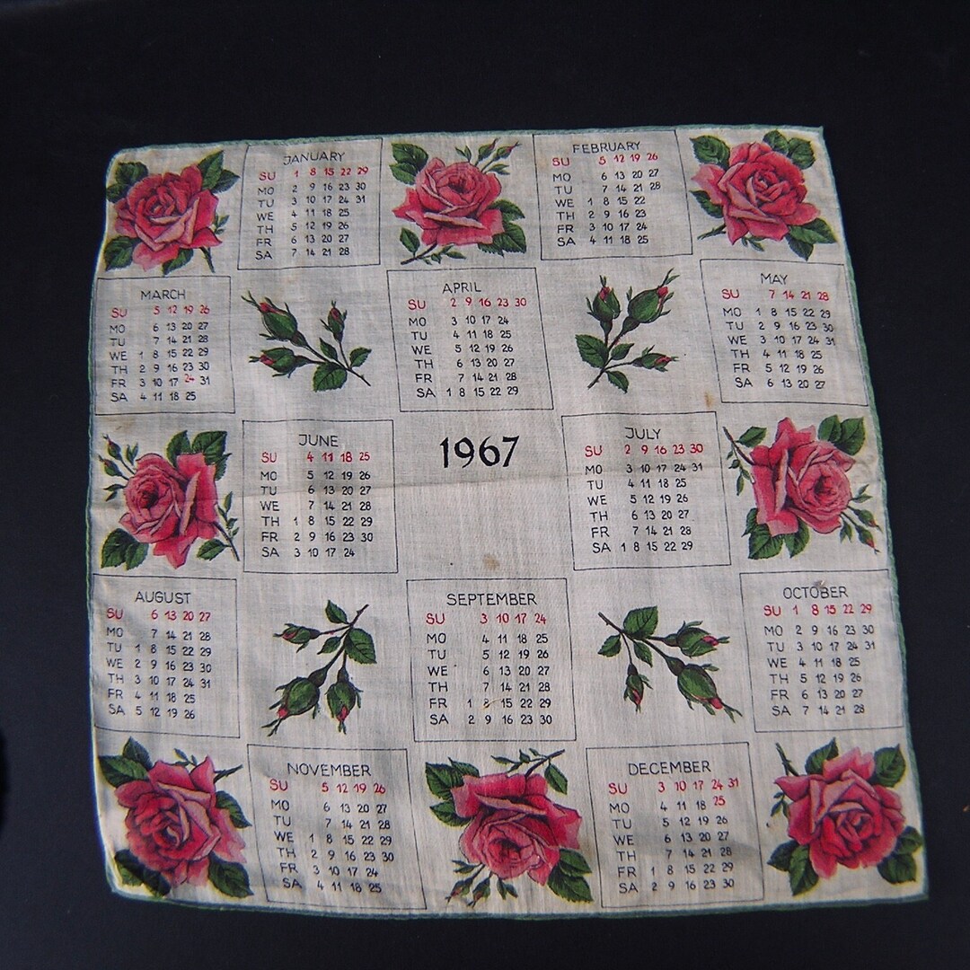 Vintage 1967 Calendar Hanky, Birthday Gift, A Skandia Print, Pink Roses ...