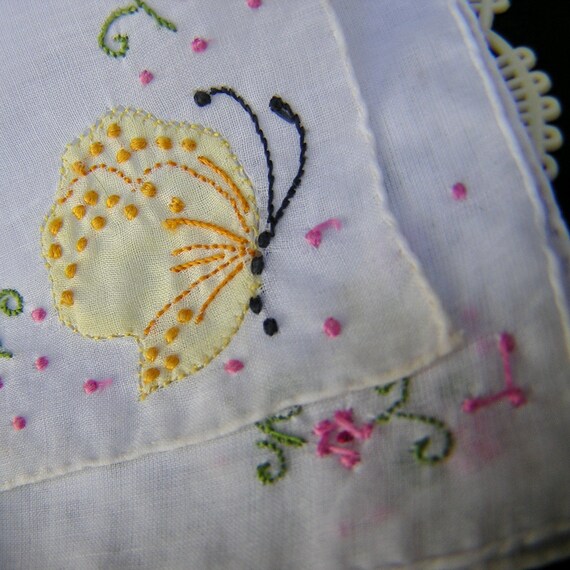 Vintage Butterfly and Flowers Handkerchief, Embroider… - Gem
