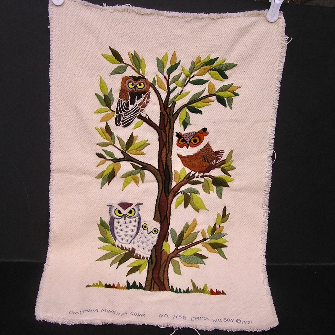 Vintage 1970s Owls in A Tree Erica Wilson Needlework Completed ...