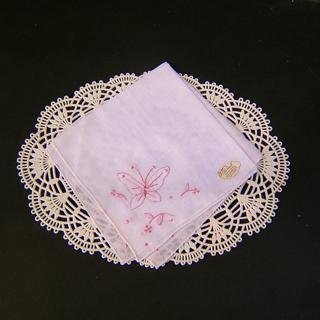 Vintage Pink Butterfly Hanky, Madeira Embroidery . Unused With Original ...