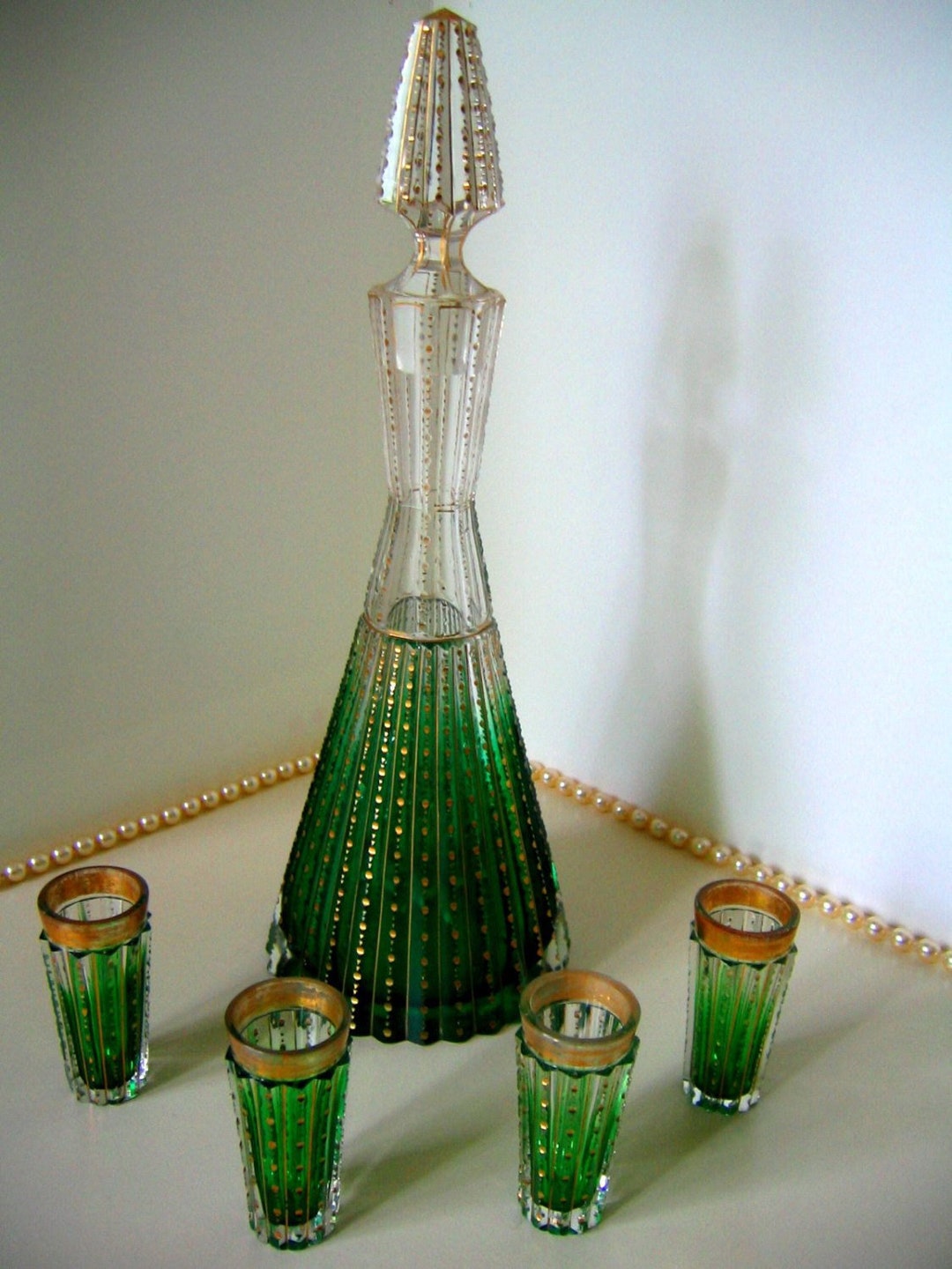 MOSER DECANTER SET Antique Crystal Cordial Clear-to-green Decanter W ...
