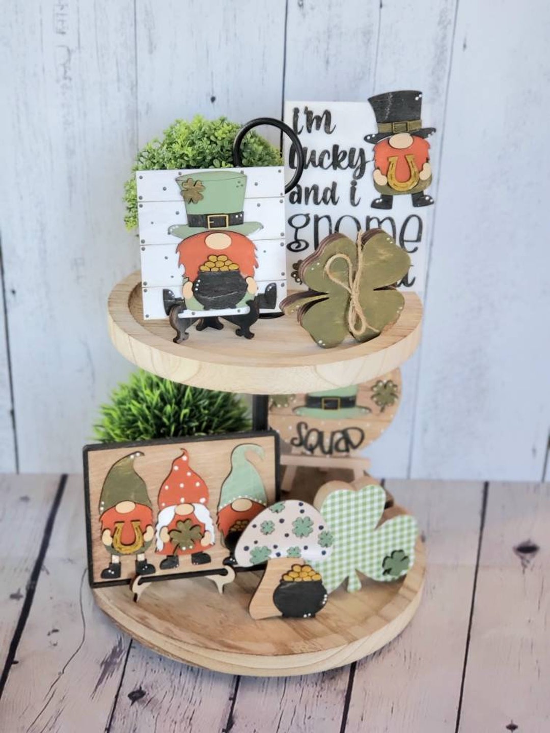 St. Patrick's Day Gnome Tiered Tray Set, Gnome Decor, Shamrock Decor ...