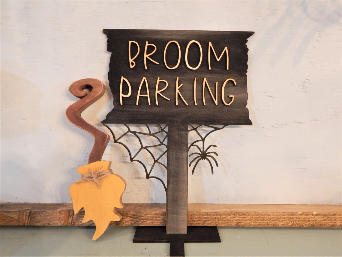Broom Parking Wood Sign With Wood Witch Broom, Halloween Decorations ...
