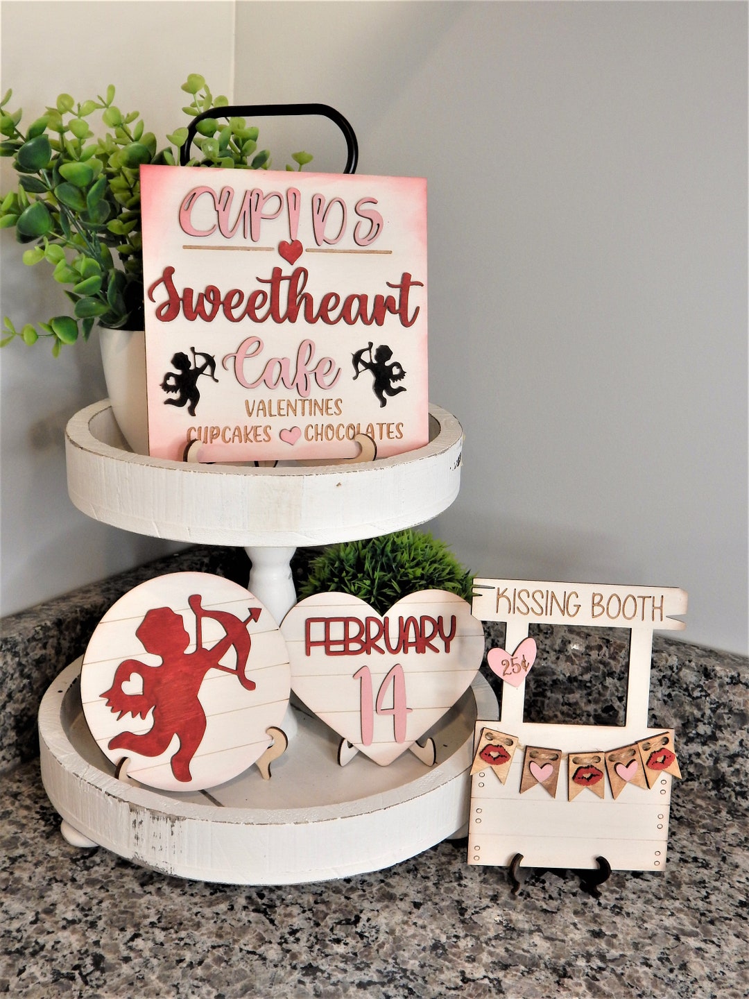 Cupids Café Valentine Tiered Tray Decor, Kissing Booth, Cupid Sign, Feb ...