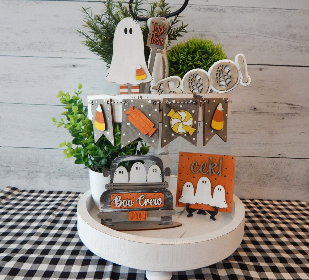 Halloween Boo Tiered Tray Decor Set | Wood Ghost Decor | Wood Halloween ...