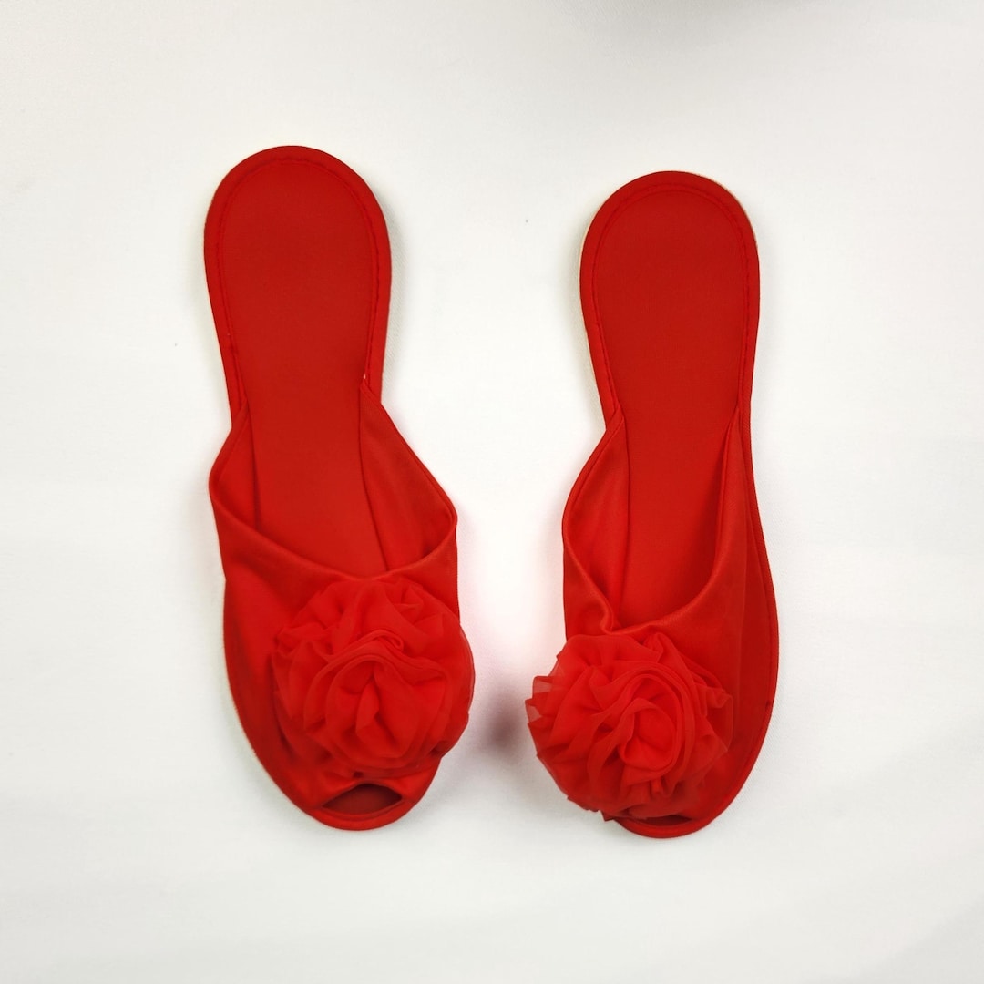 VINTAGE Red Boudoir Slippers Shoes~ Size 8-9 ~nylon Chiffon Poof Ball ...