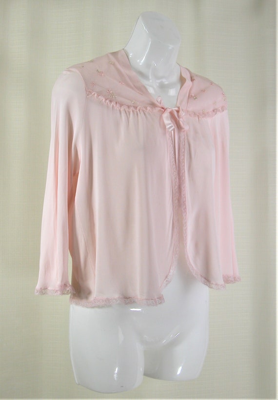 Vintage 1950s -Lorraine- Pink Nylon Bed Jacket Lace E… - Gem