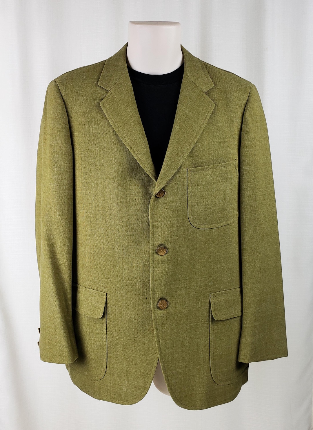 VINTAGE 1970s 80s Green 3 Button Sport Coat Blazer Jacket~ Single Vent ...