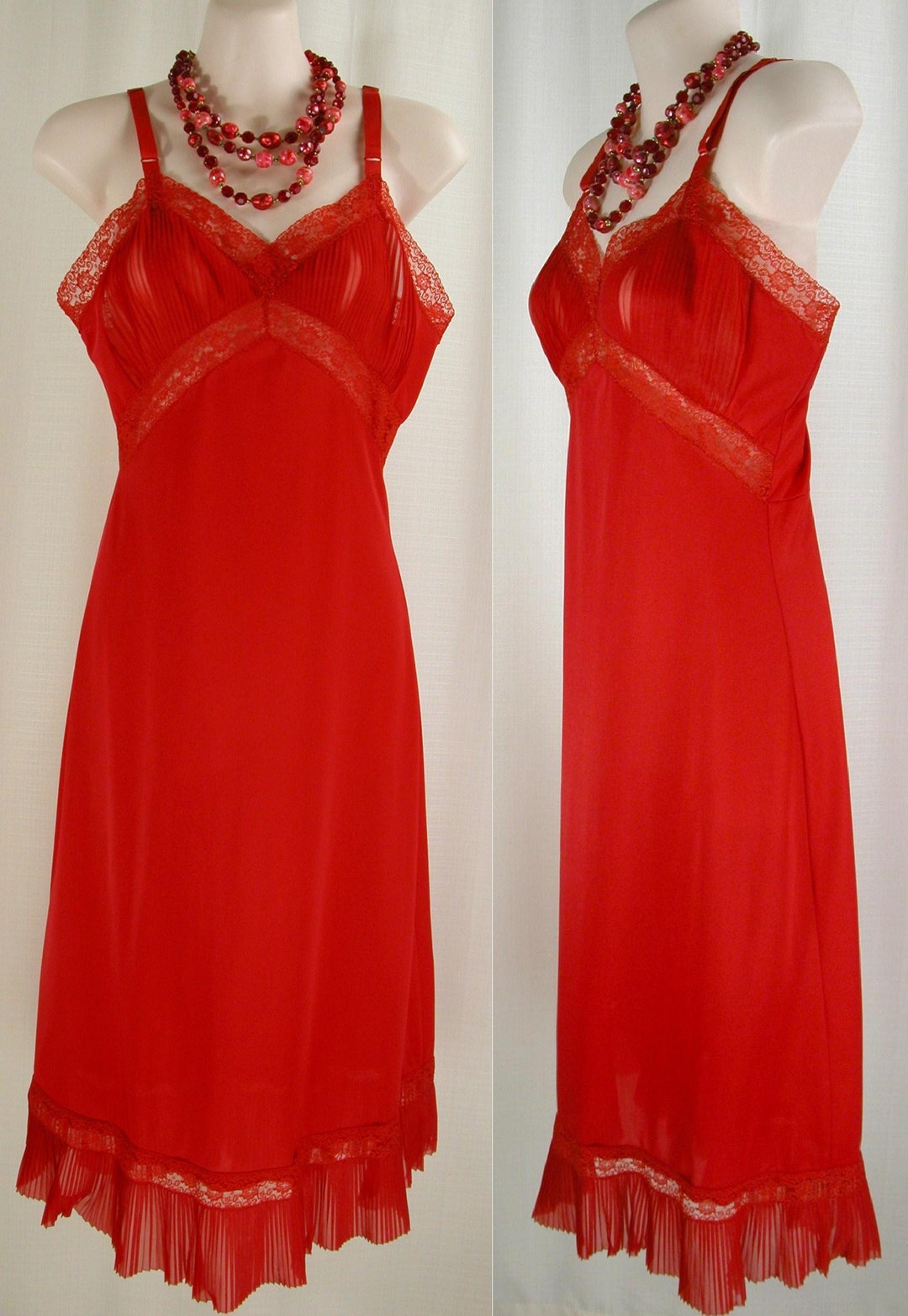 Vintage 50s SANS SOUCI Red Nylon Full Slip Dress Nightie Lace Crystal ...