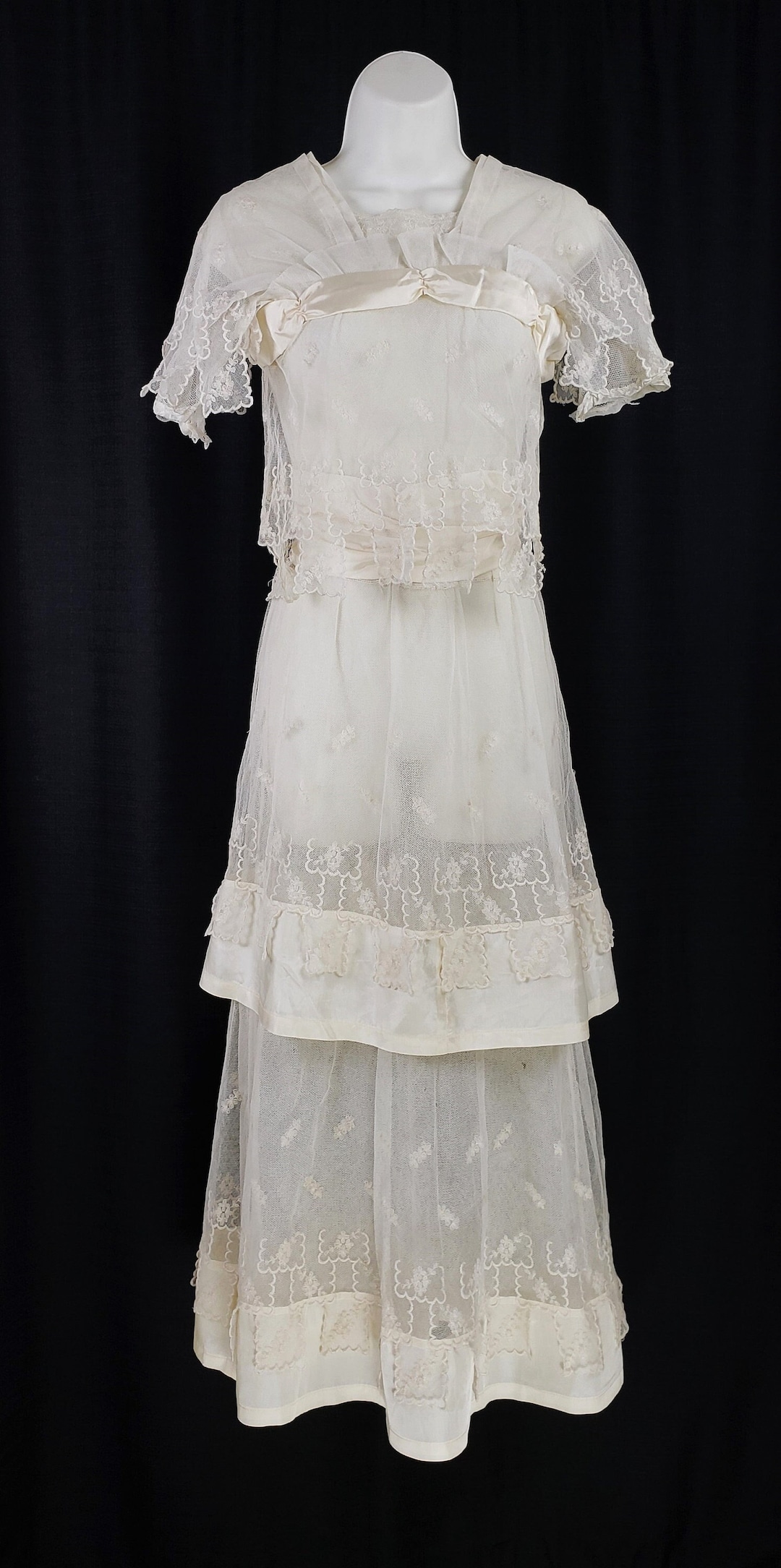 Antique 1915 Edwardian Wedding Dress: Ivory Silk Netting, Embroidery ...