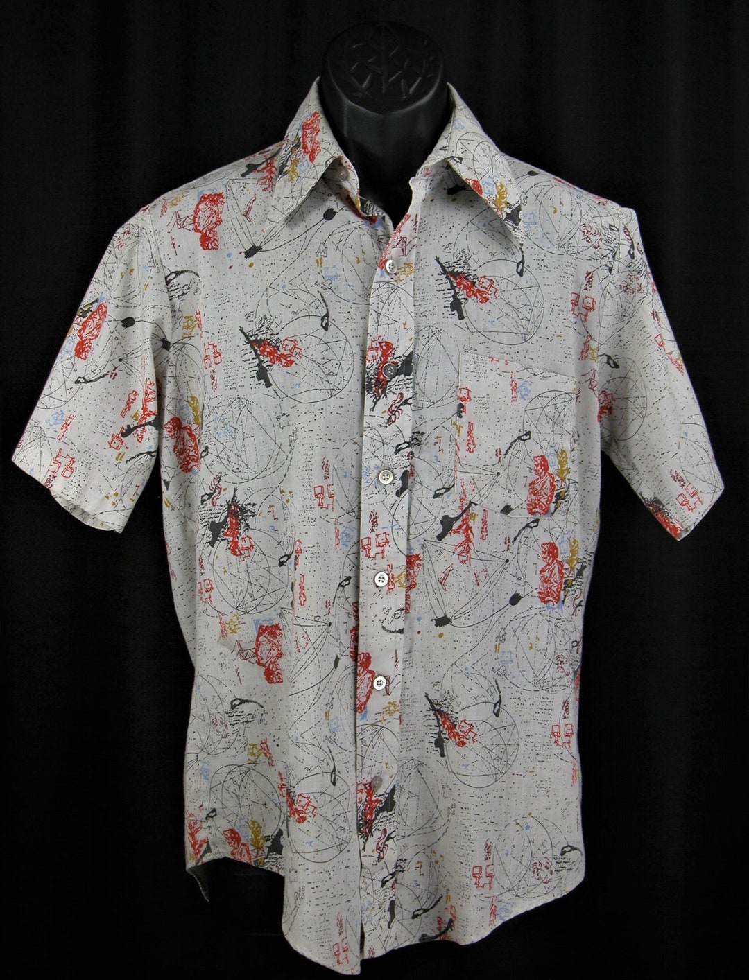 Vintage 60s 70s Shirt Geek Graphic Davinci Science Pointed Collar MR ...