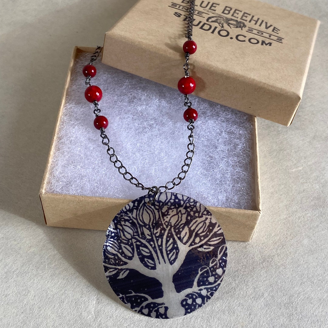 Painted Capiz Shell Tree of Life Pendant: Red River Stone, Antiqued ...