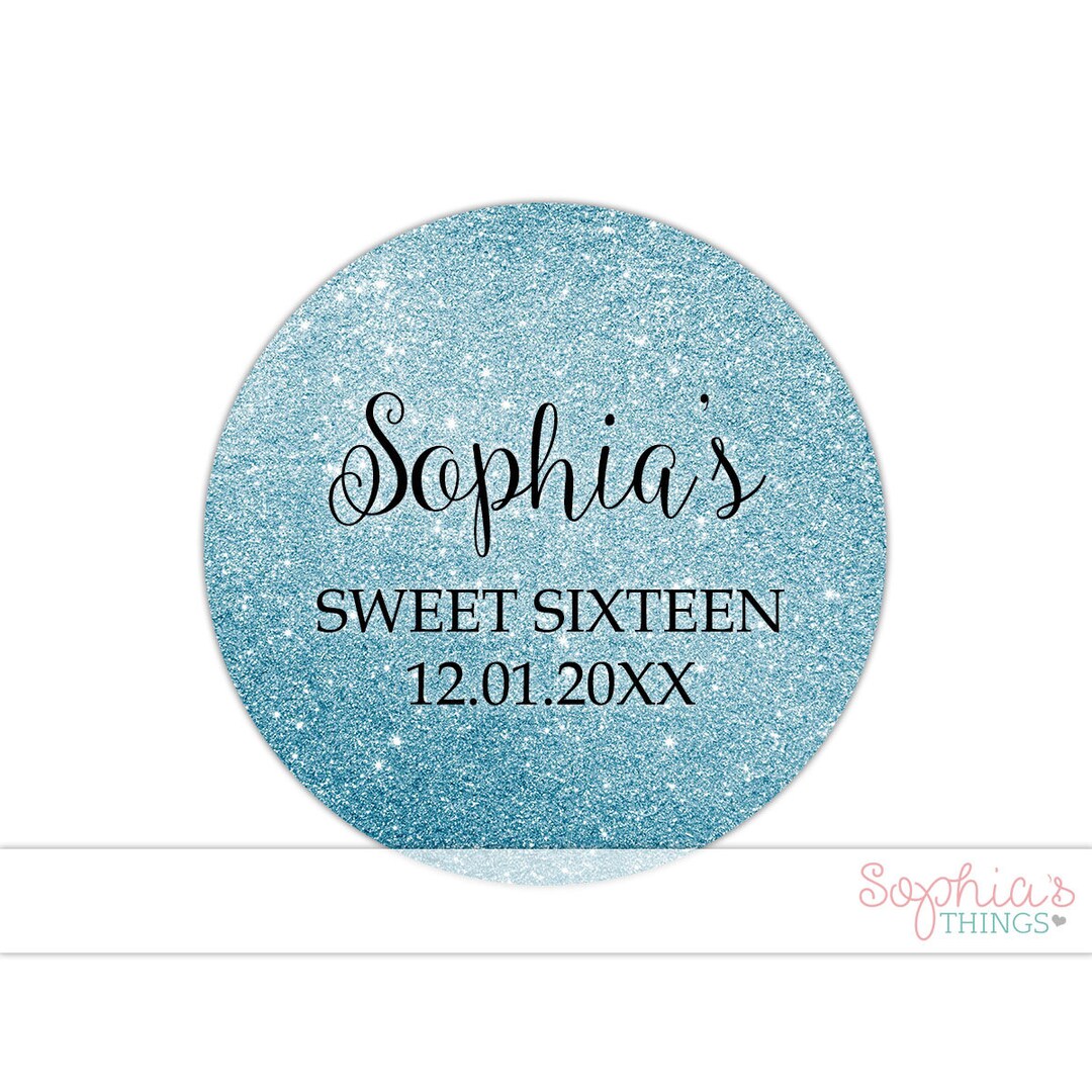 Sweet 16 Baby Blue Glitter Thank You Tags, Sweet Sixteen Party Favor ...