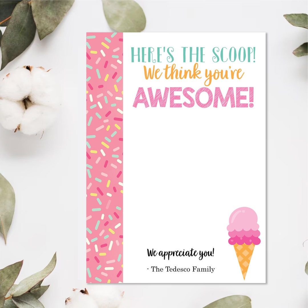 PRINTED Ice Cream Gift Card Holder, Teacher Appreciation Gift, Teacher ...