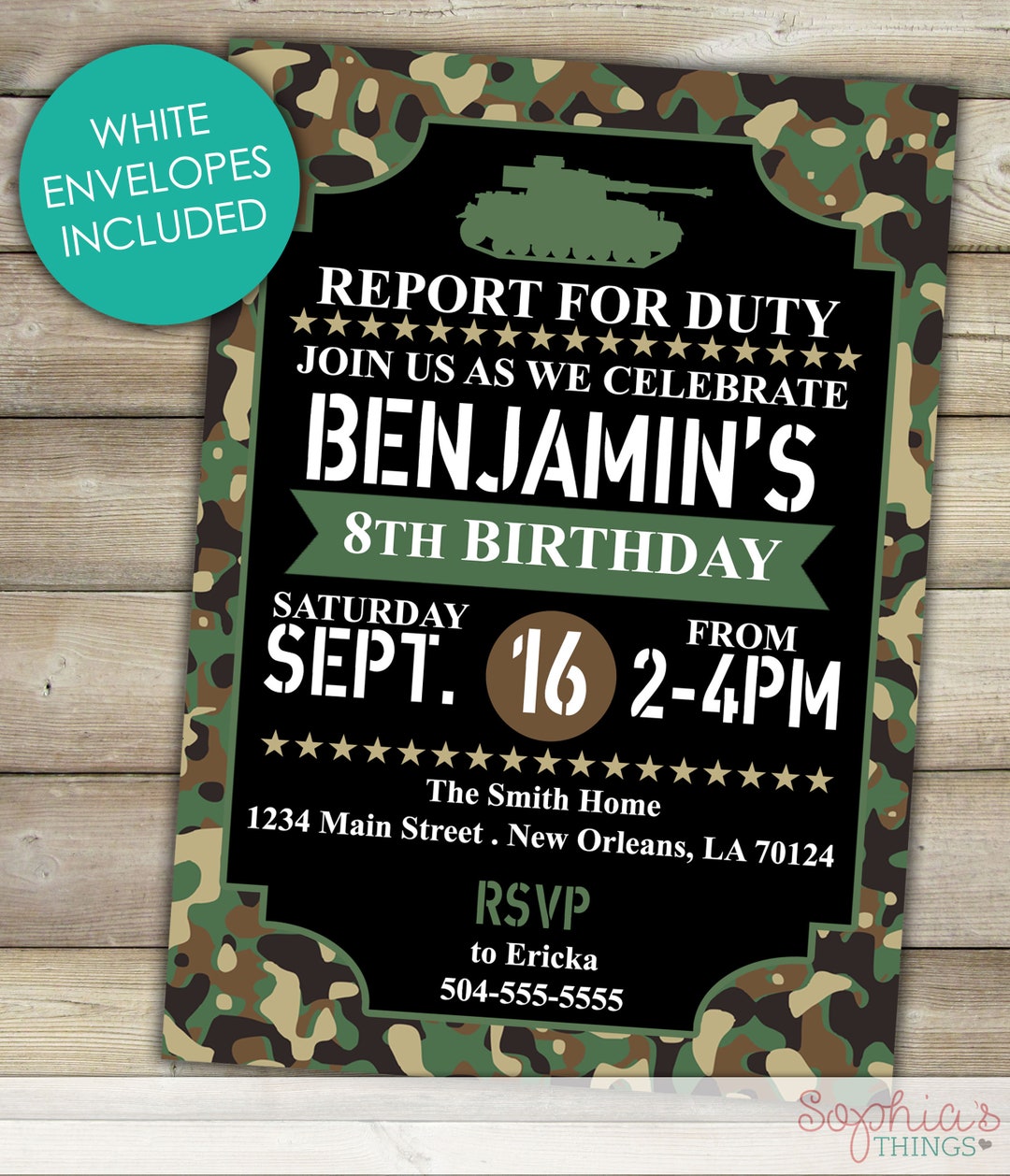 Army Party Birthday Invitation, Camo Birthday Invite, Military Birthday ...