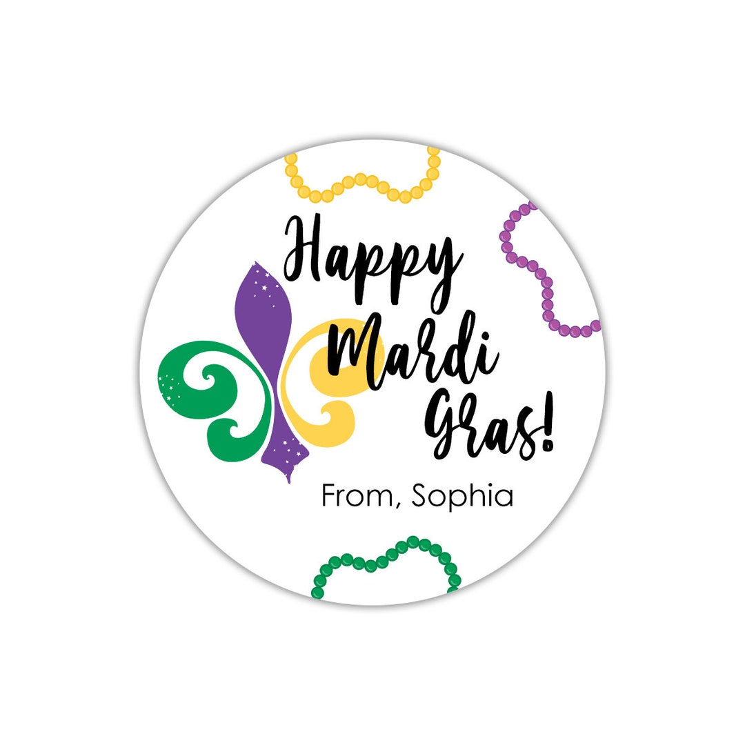 Happy Mardi Gras Labels, Mardi Gras Party Favor Labels, Personalized ...