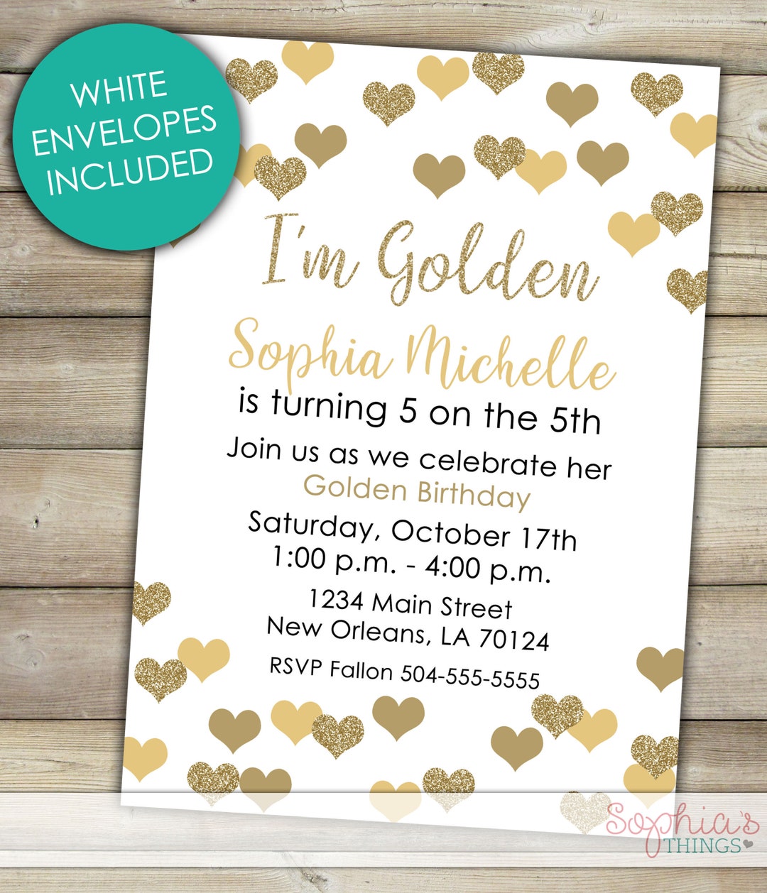 Hearts Birthday Invitation, Shades of Gold and Gold Glitter Invitation ...