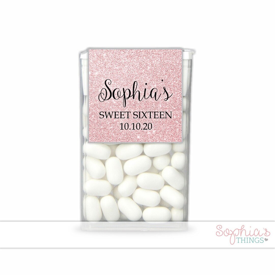 Sweet 16 Mint Box Labels, Baby Pink Glitter Sweet Sixteen Party Favor ...