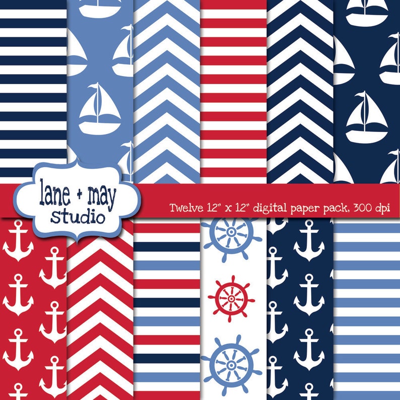 Digital Scrapbook Papers - Red, White and Blue Nautical Patterns ...