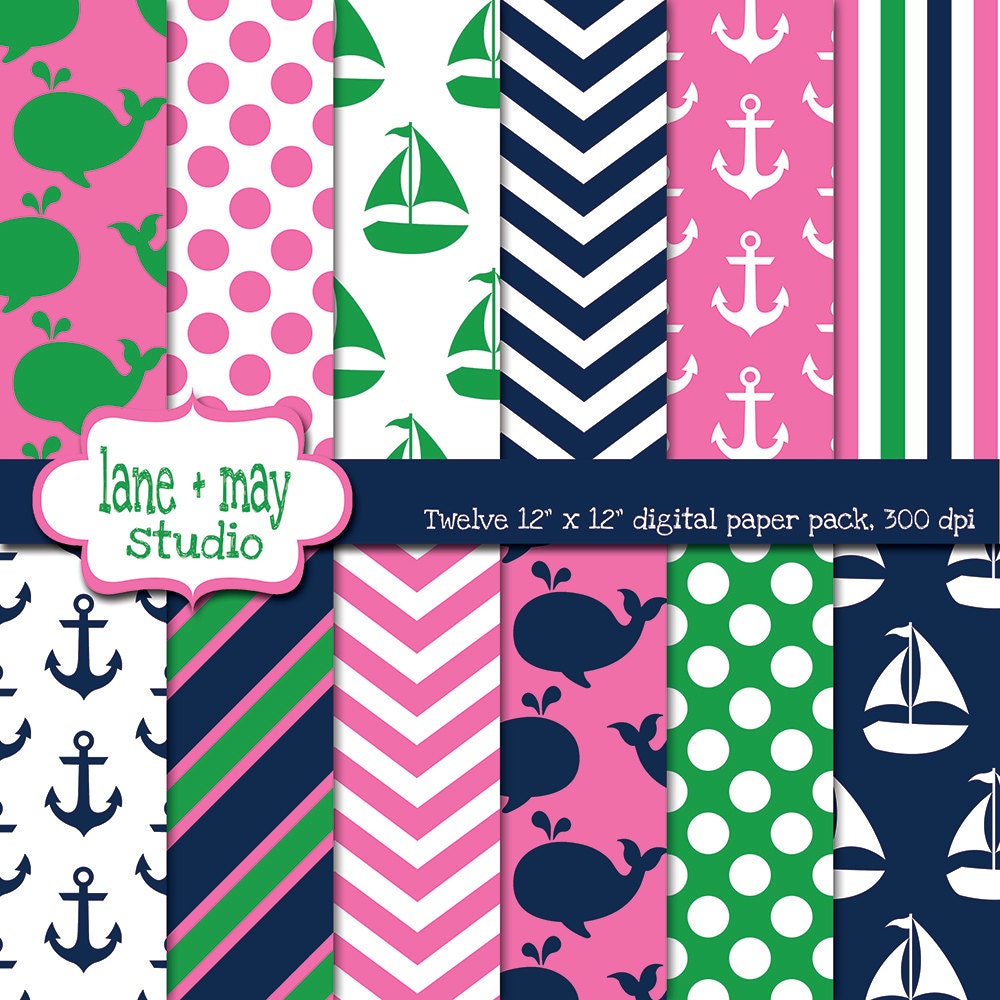 Digital Scrapbook Papers Navy Pink and Green Nautical / - Etsy