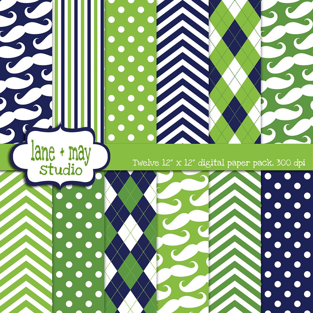 Digital Papers - Little Man / Mustache Theme Patterns in Navy Blue and ...
