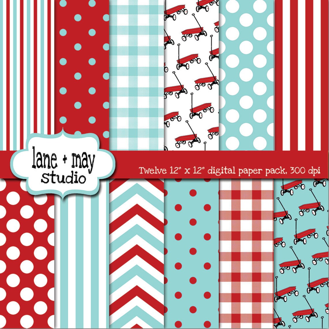 Digital Scrapbook Papers - Little Red Wagon in Red and Aqua - INSTANT ...