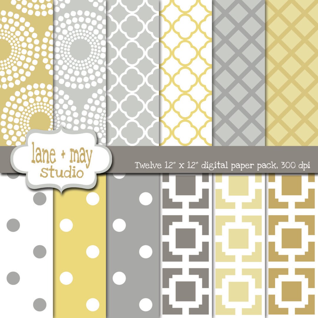 Digital Scrapbook Papers - Gray and Yellow Patterns - INSTANT DOWNLOAD ...