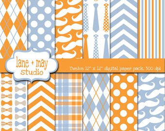 digital papers blue orange and green retro bowling theme