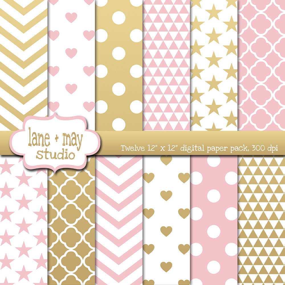 Digital Scrapbook Papers - Pink and Gold Polka Dot, Chevron, Heart and ...