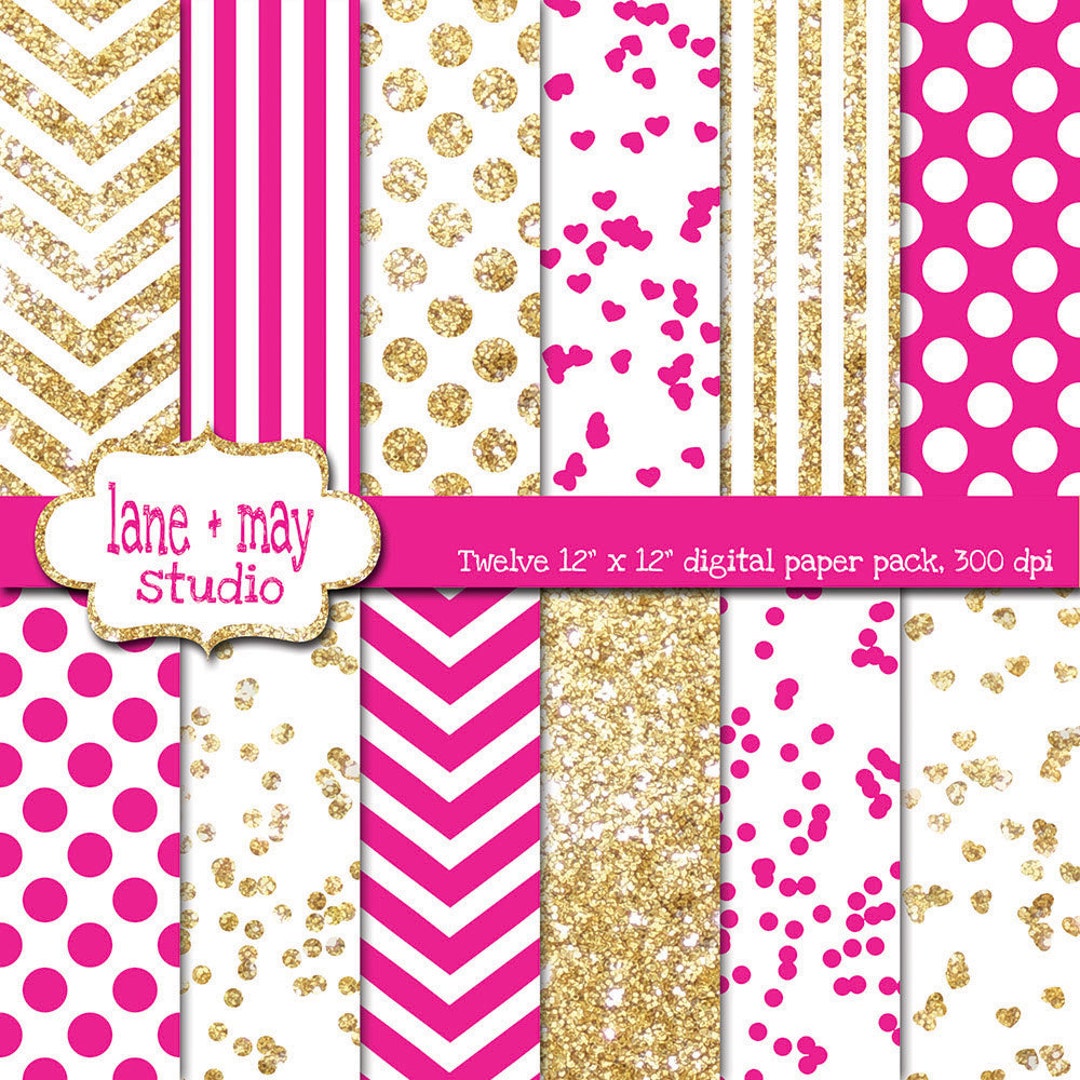Digital Scrapbook Papers - Hot Pink, White and Glitter Gold Chevron ...