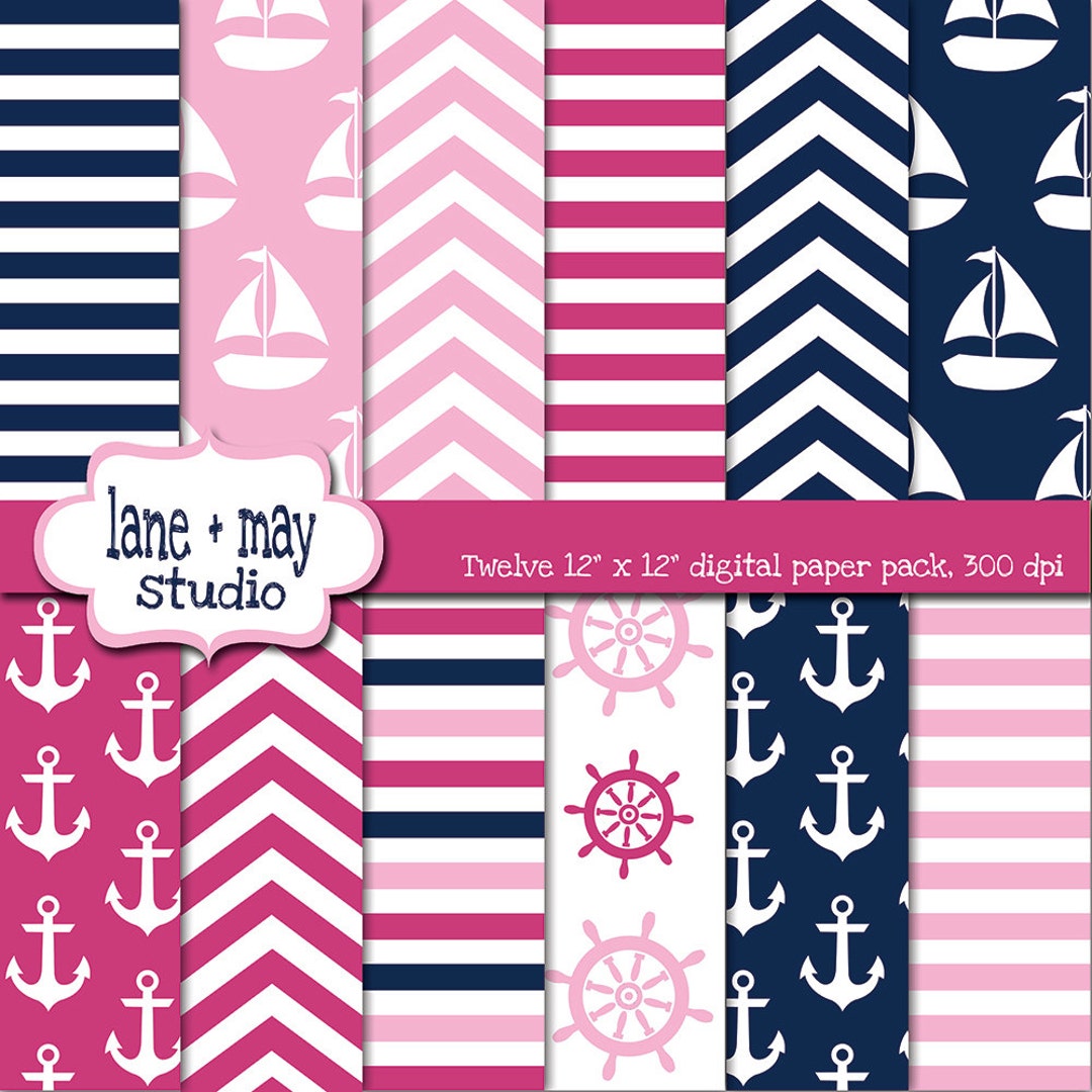 Digital Scrapbook Papers - Pink and Navy Blue Nautical Theme Patterns ...