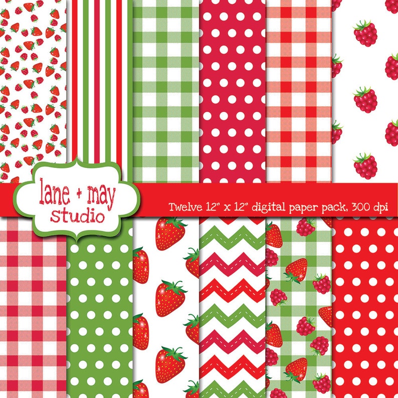 Strawberry Raspberry Picnic Patterns Digital Scrapbook Papers INSTANT ...
