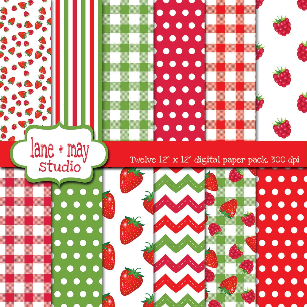Strawberry Raspberry Picnic Patterns Digital Scrapbook Papers INSTANT ...