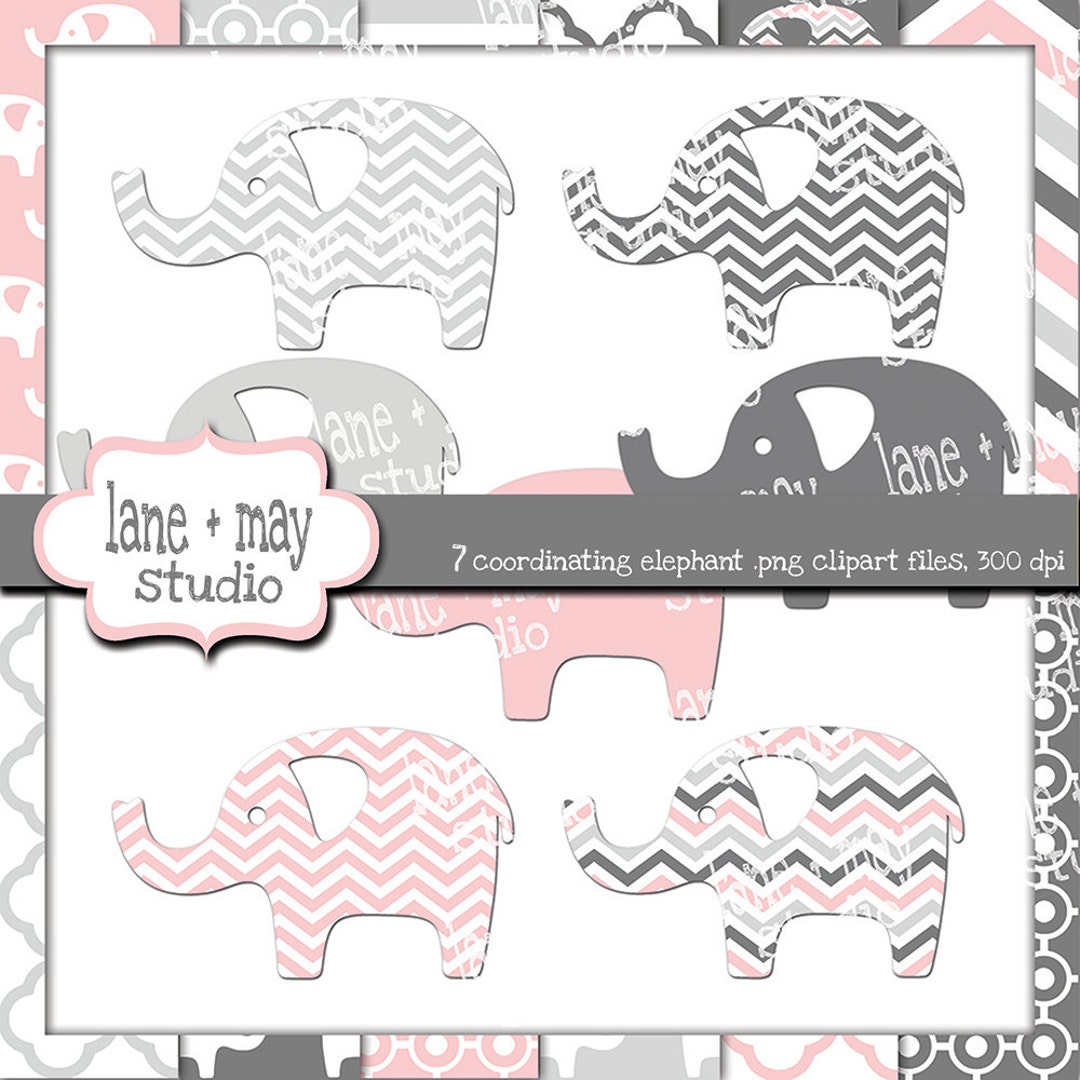 Pink and Gray Elephant Themed Digital Scrapbook Clipart - INSTANT ...