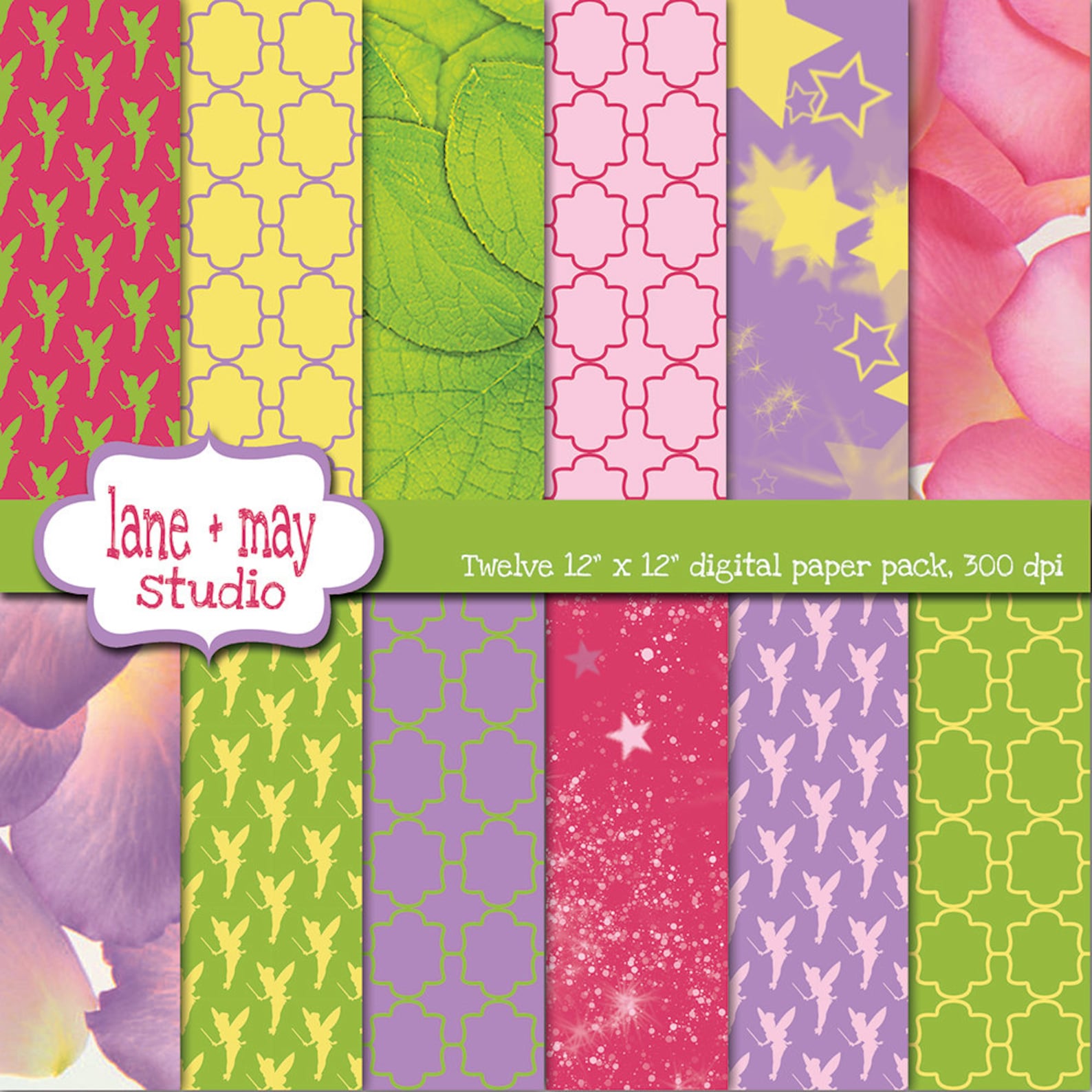 Tinkerbell Fairy Theme Patterns - Digital Scrapbook Papers - INSTANT ...