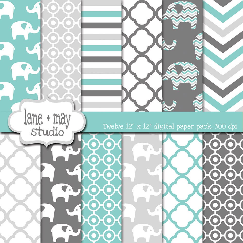 Digital Scrapbook Papers - Aqua Green and Gray Elephant Patterns ...