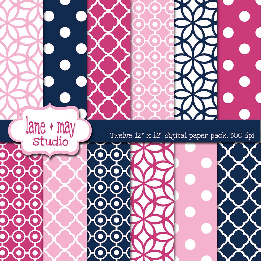 Digital Scrapbook Papers - Pink and Navy Blue Patterns - INSTANT ...