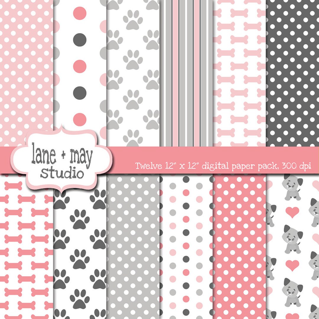 Digital Scrapbook Papers - Pink and Gray Puppy Dog Theme Patterns ...