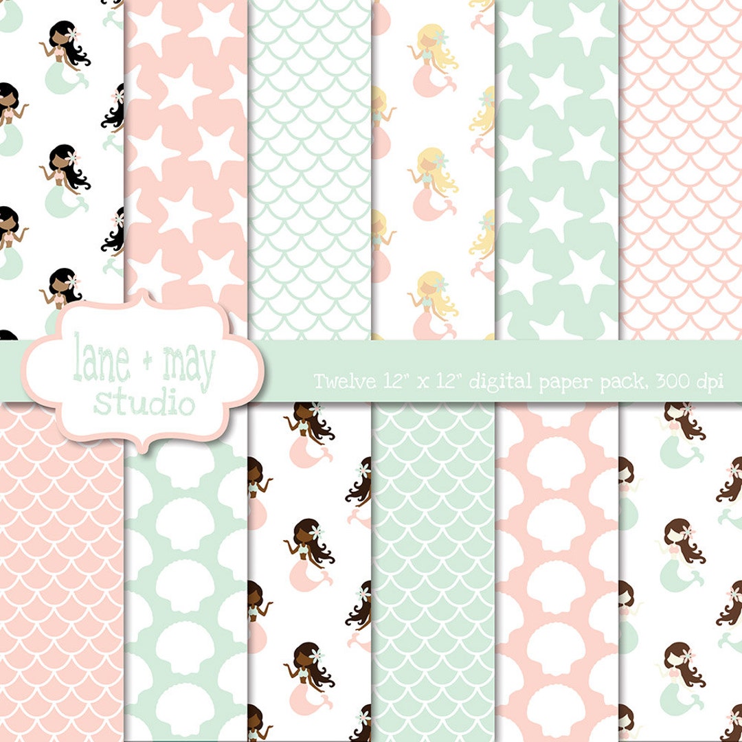 Digital Papers - Mermaid Theme Patterns - Aqua Green and Coral ...