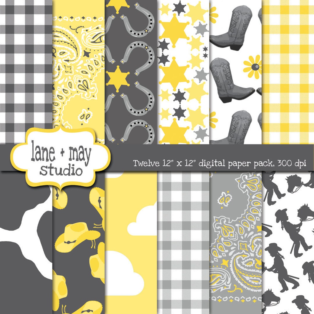 Digital Scrapbook Papers - Yellow and Gray Cowgirl Theme Patterns ...