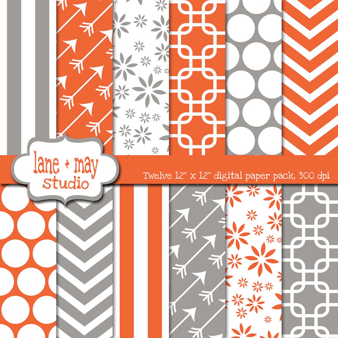 Digital Scrapbook Papers - Orange and Gray Patterns - INSTANT DOWNLOAD ...