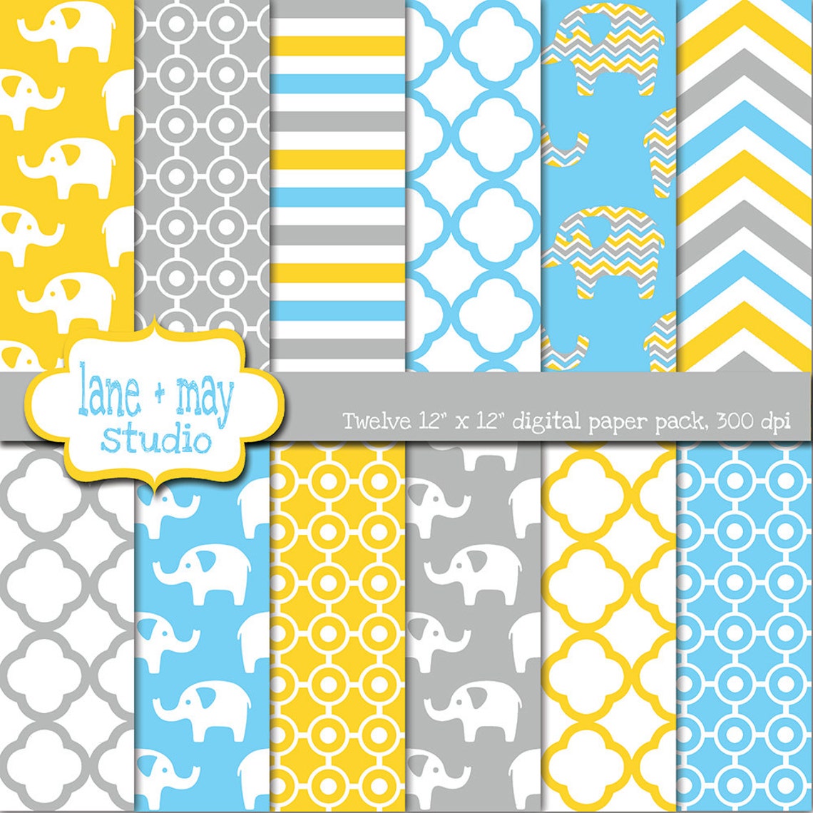Digital Scrapbook Papers - Yellow, Blue and Gray Elephants - INSTANT ...